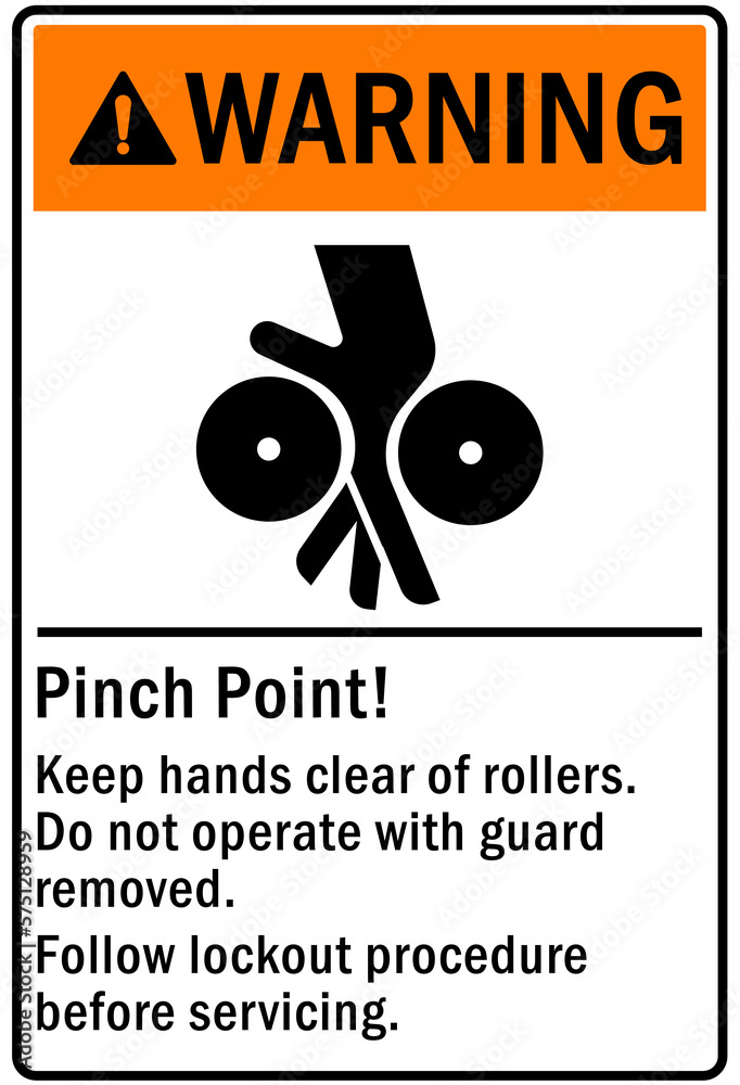 Pinch point hazard sign and labels keep hand clear of roller. Do not ...
