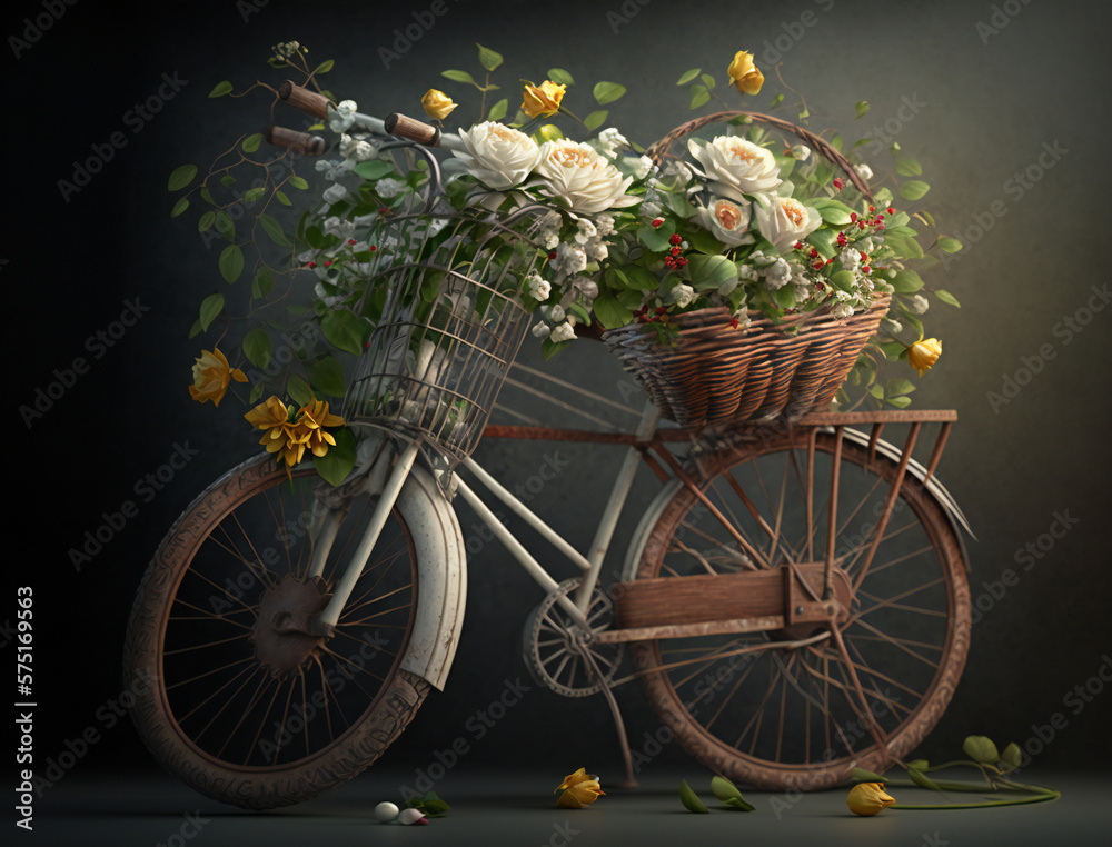 Vintage bicycle with a charming basket of colorful flowers, nostalgic ...