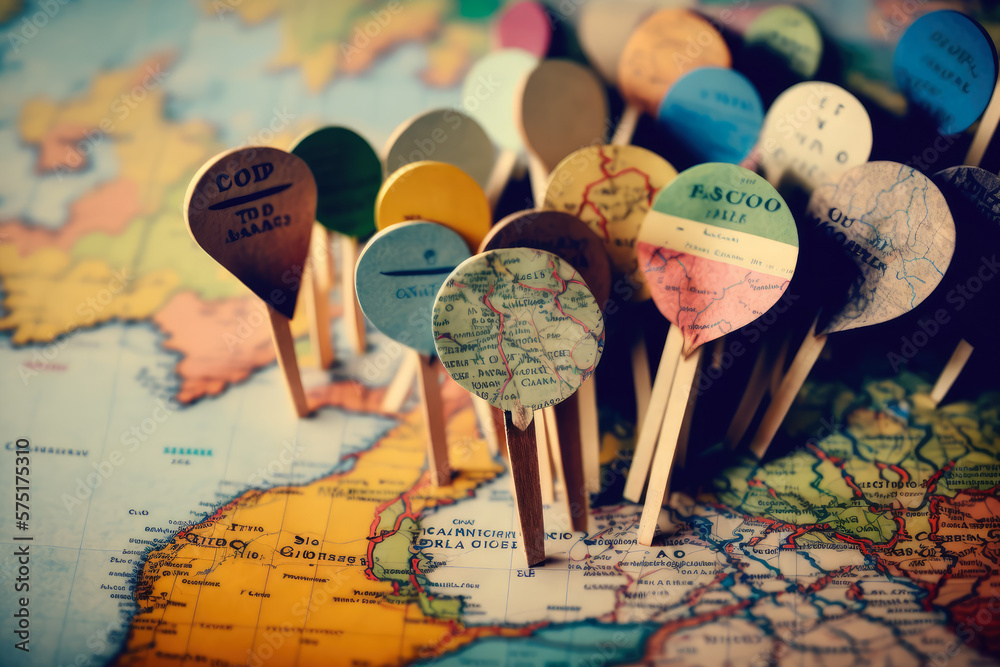 Stack of maps with pins marking multiple travel destinations ...