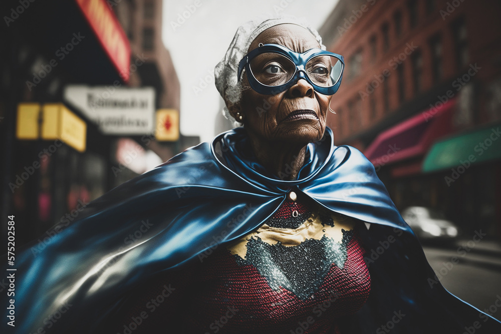 Mature black woman wearing a super hero costume including a cape and ...
