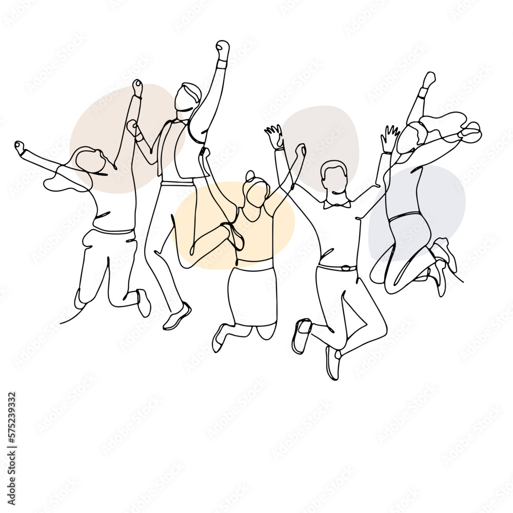 Single line drawing of jumping people, men and women with pastel ...