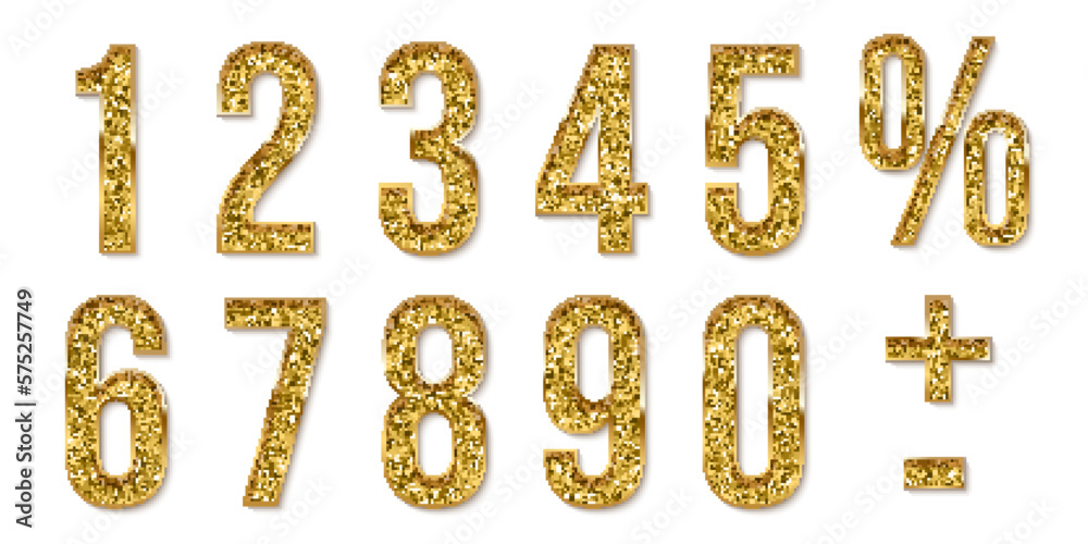 Golden numbers from zero to nine set on white background. Gold zero,one ...