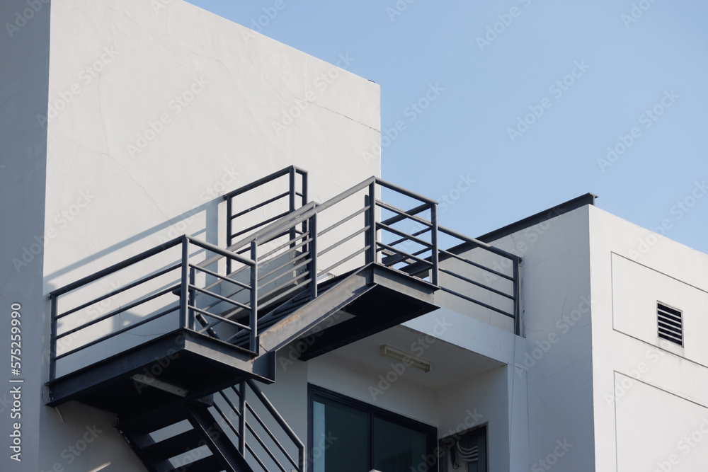 fire escape steel stair. black outdoor metal stair of building. Stock ...
