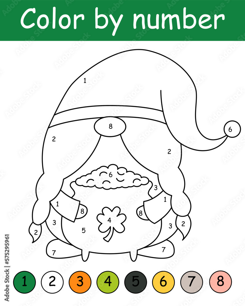 Color by number game for kids. Cute gnome with pot gold coins. St ...