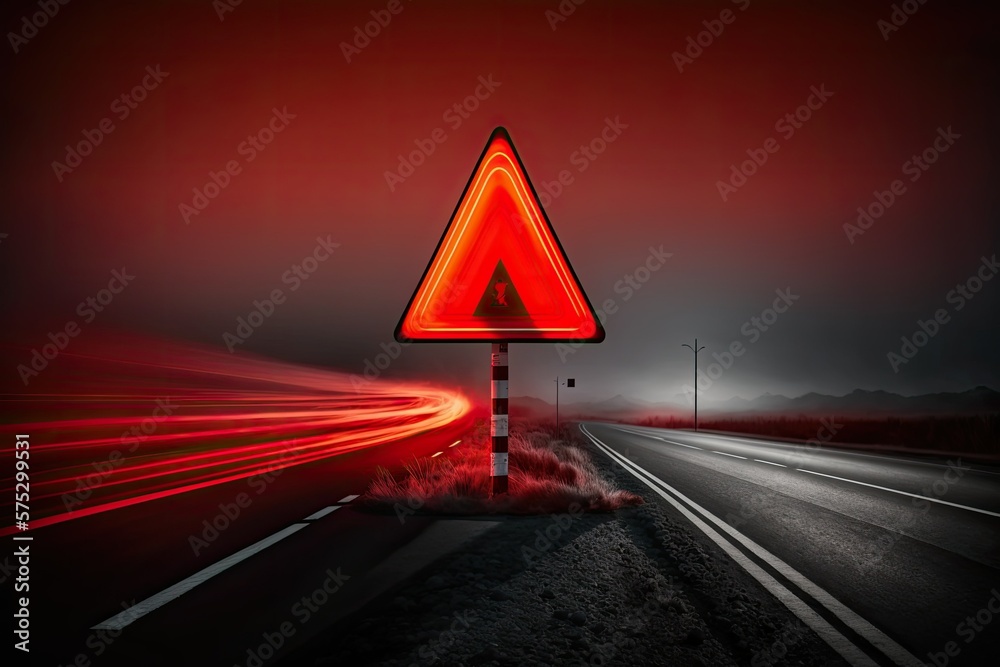 Long exposure nighttime traffic light trails behind a red emergency ...