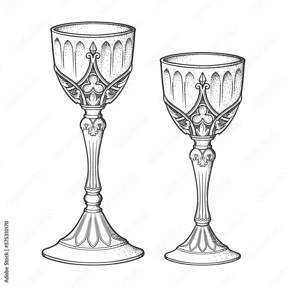 Gothic goblets or Holy grail set hand drawn line art and dot work ...