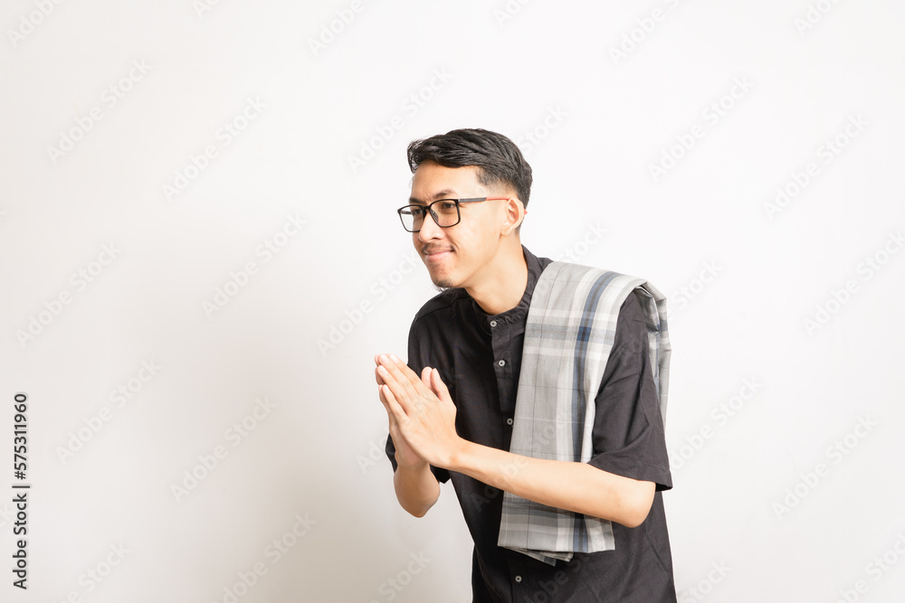 Male single models doing greetings with two hands held together and ...