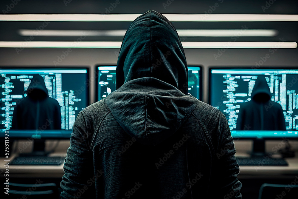Rear view of a hooded man, in a room full of computers, performing ...