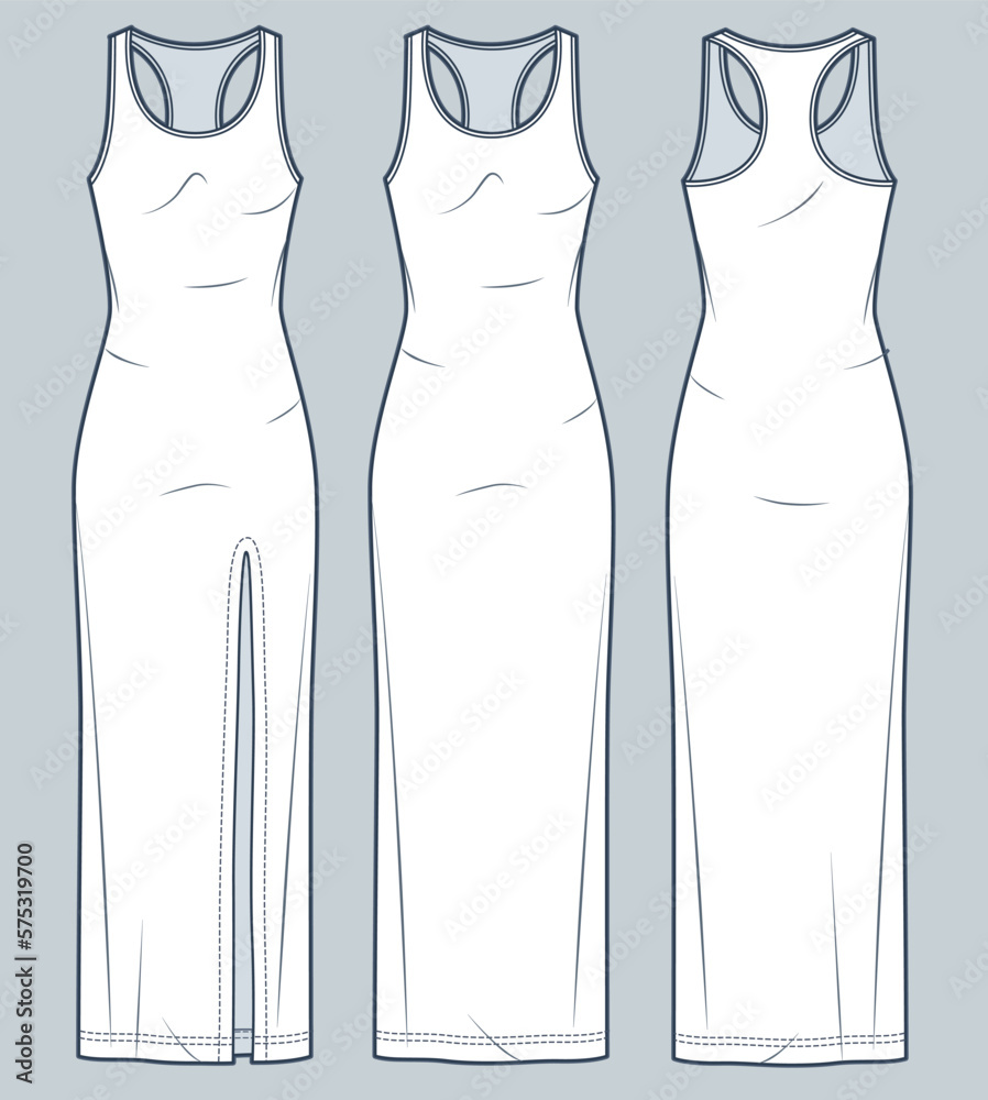 Stock-Vektorgrafik „Set of maxi Dress technical fashion illustration ...