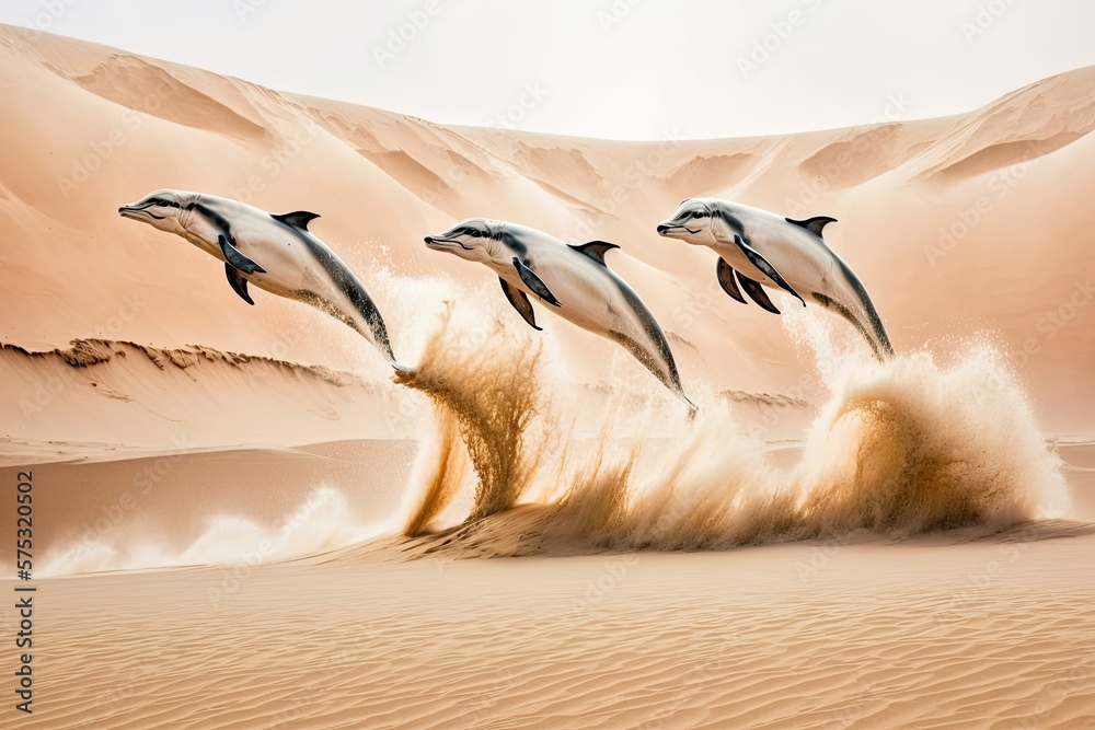 Jumping dolphin pod in the Namib Desert, where the Atlantic Ocean and ...