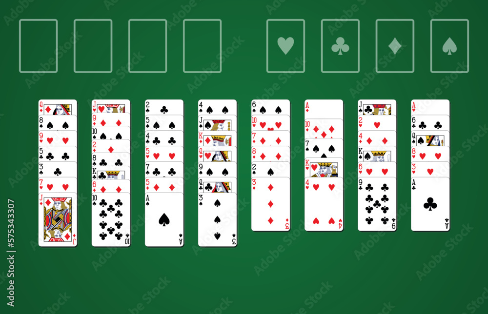 Freecell solitaire card game on green background with standard playing ...