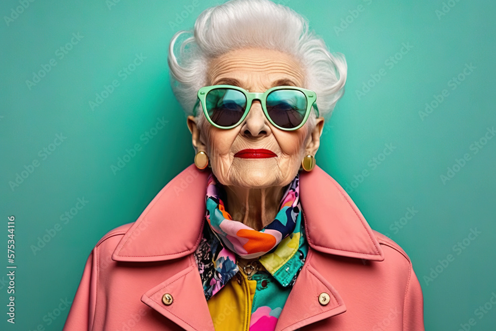 Happy and funny cool old lady with fashionable clothes portrait on ...