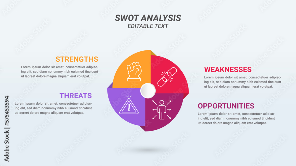 Circular SWOT Analysis Infographics Diagram with Four Steps or Options ...
