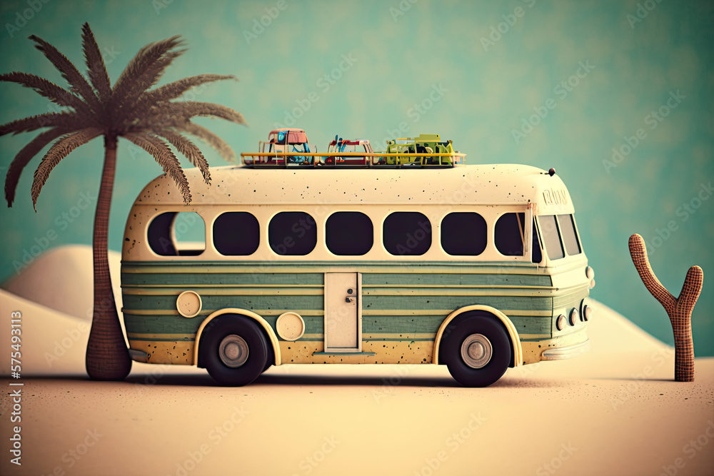 Toys of a vintage school bus set against a beachy, palm tree lined ...