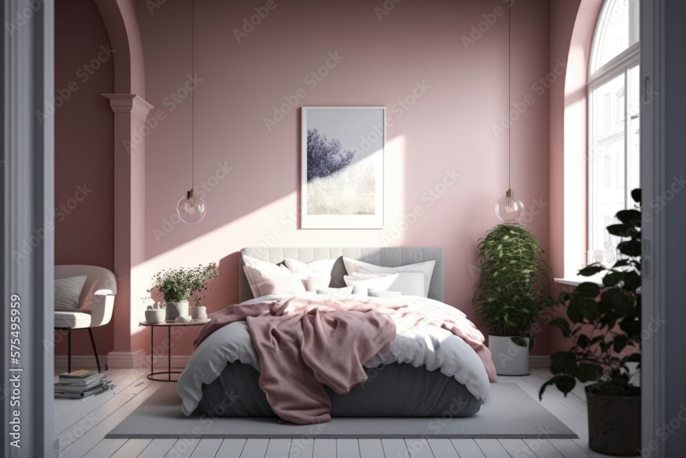 Modern bedroom interior, simple minimalist luxury bed, pink color room ...