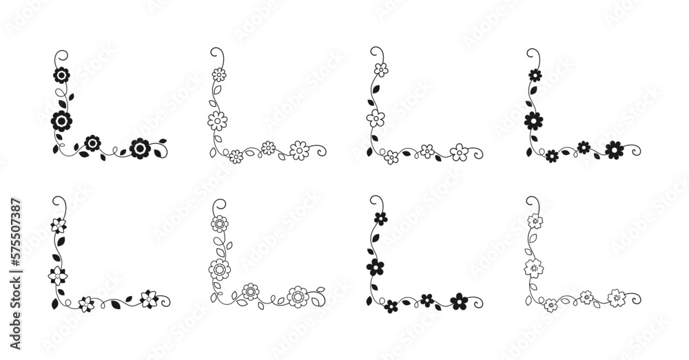 Set of hand drawn floral corner borders. Spring flower page decoration ...