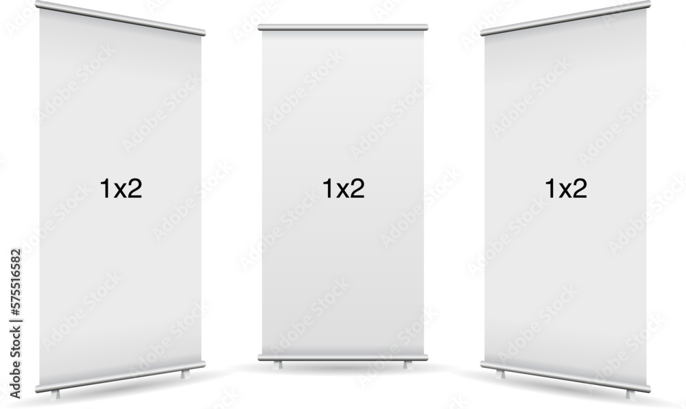 Set of 3 empty standee or rollup banner display mockup on isolated ...