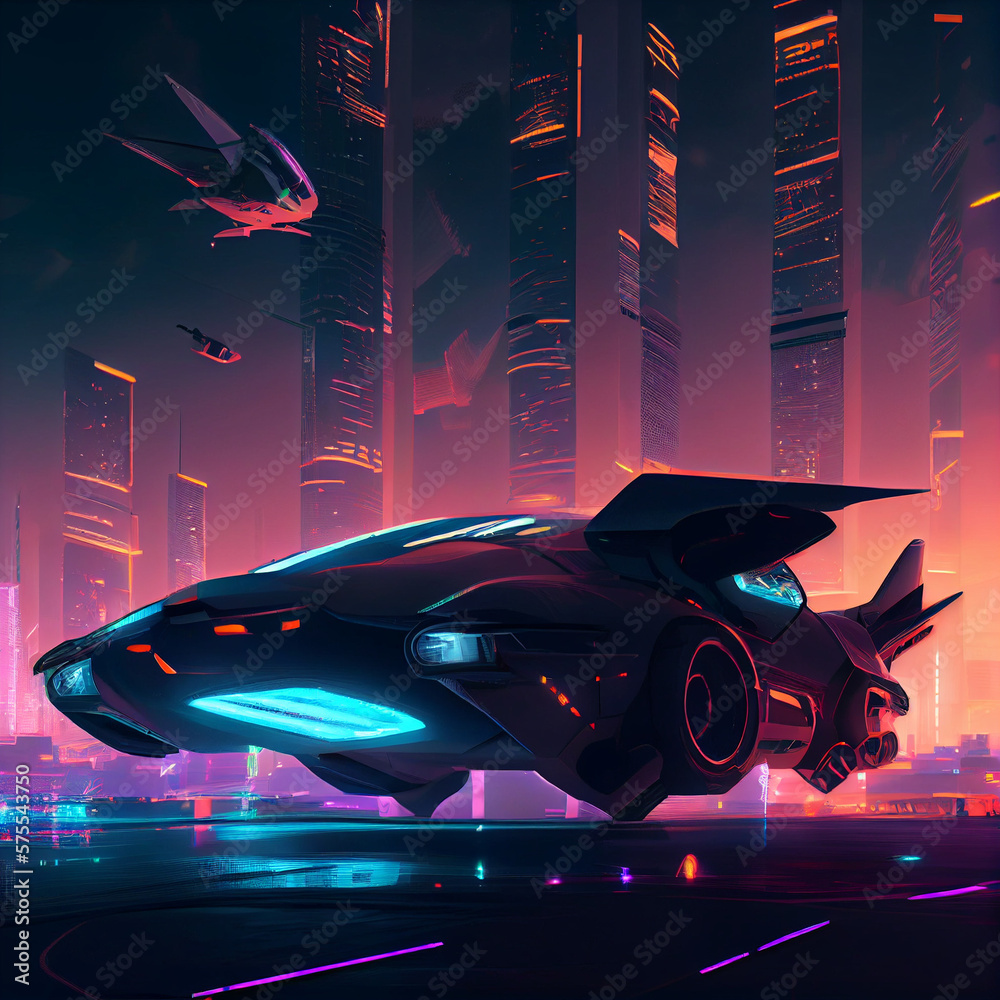 mysterious futuristic night city flying cars, penthouse panorama view ...