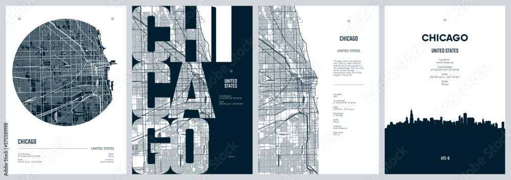 Set of travel posters with Chicago, detailed urban street plan city map ...
