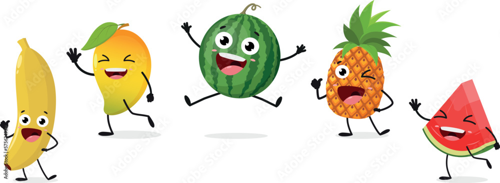 Happy watermelon, pineapple, mango, banana fruits cartoon characters ...