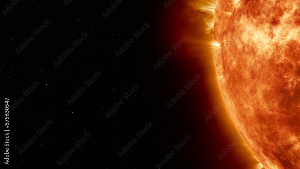 Earth's sun in outer space. Artistic concept 3D illustration as close shot of solar surface with ...