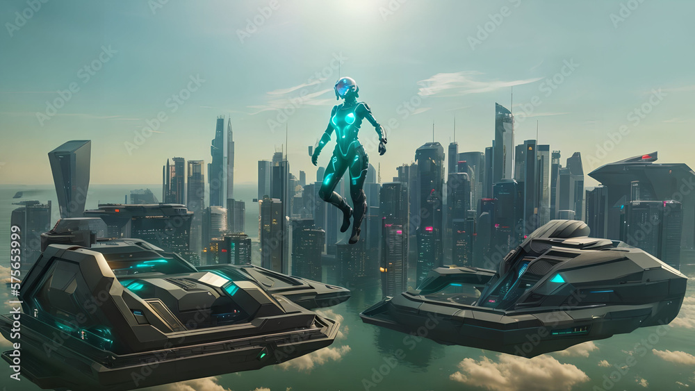 futuristic sci-fi human wearing robot suit flying above future city ...