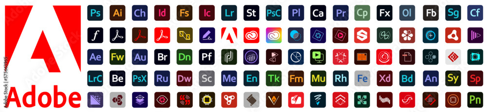 Kiev, Ukraine - February 26, 2023: Set button icons Adobe products ...