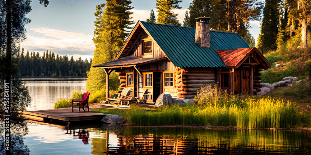 Wood cabin on the lake - log cabin surrounded by trees, mountains, and ...