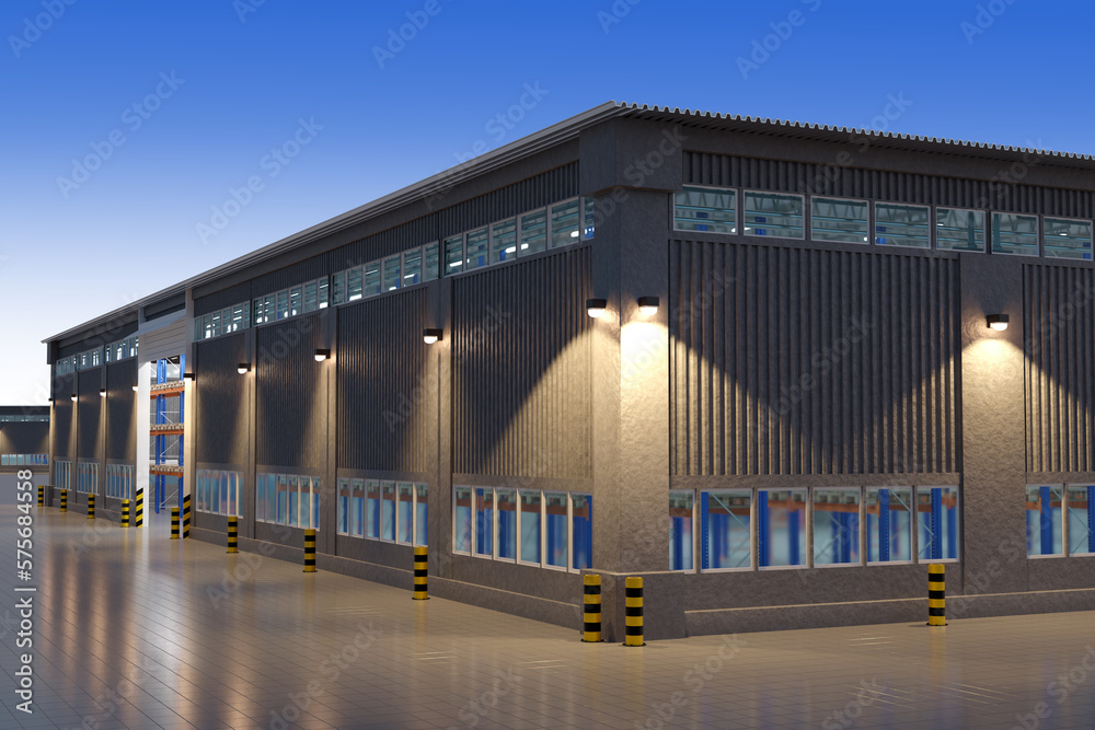 Warehouse building. Industrial hangar with lighting. Factory warehouse ...