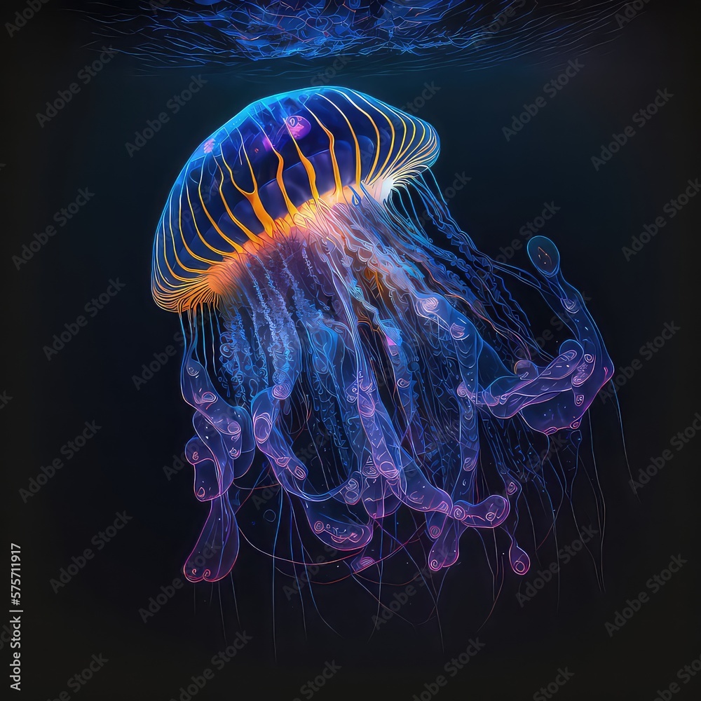 Bright bioluminescent jellyfish in blue water. Dark colors, exotic ...