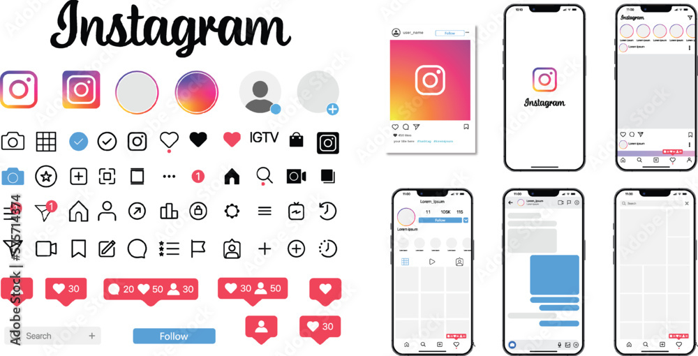Instagram mockup set. Stories, liked, posts, photo, hashtag and ...