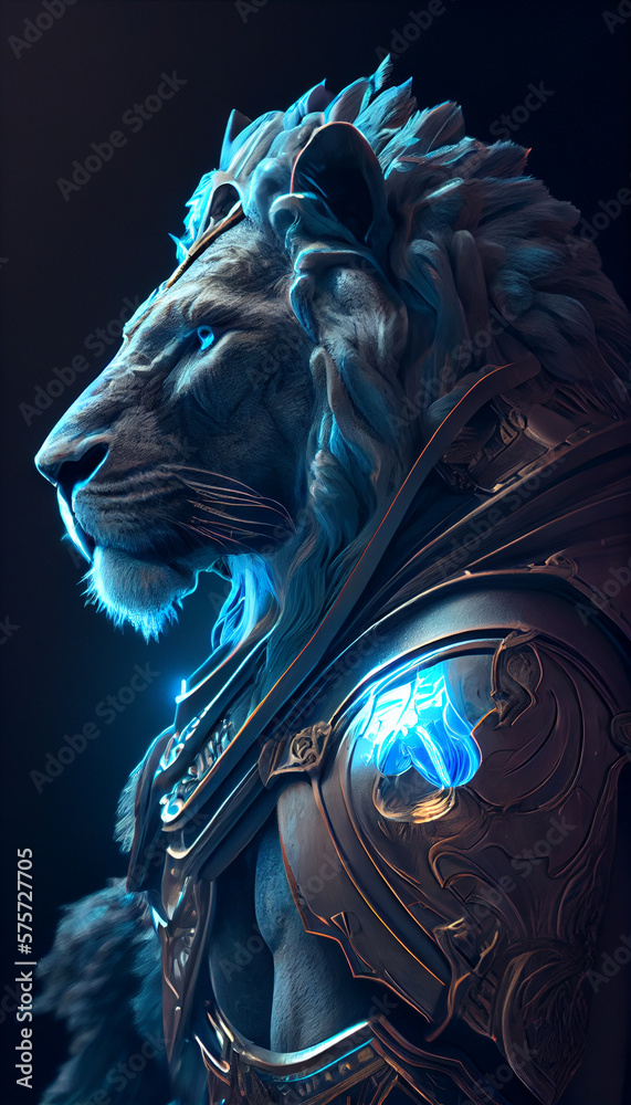 Fantasy lion in armor on a blue background. AI generated Stock ...