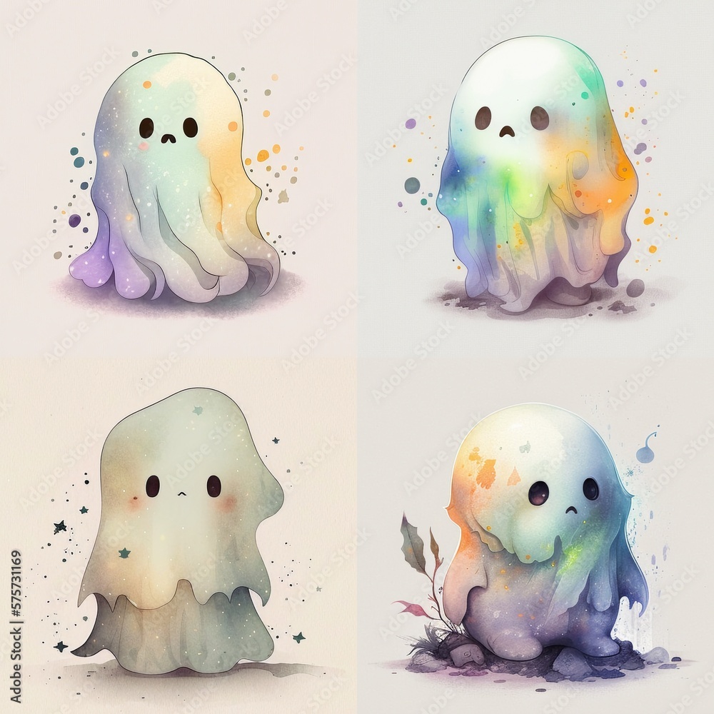 Watercolor Style Illustration of Halloween Ghosts. Bundle / Set / Pack ...