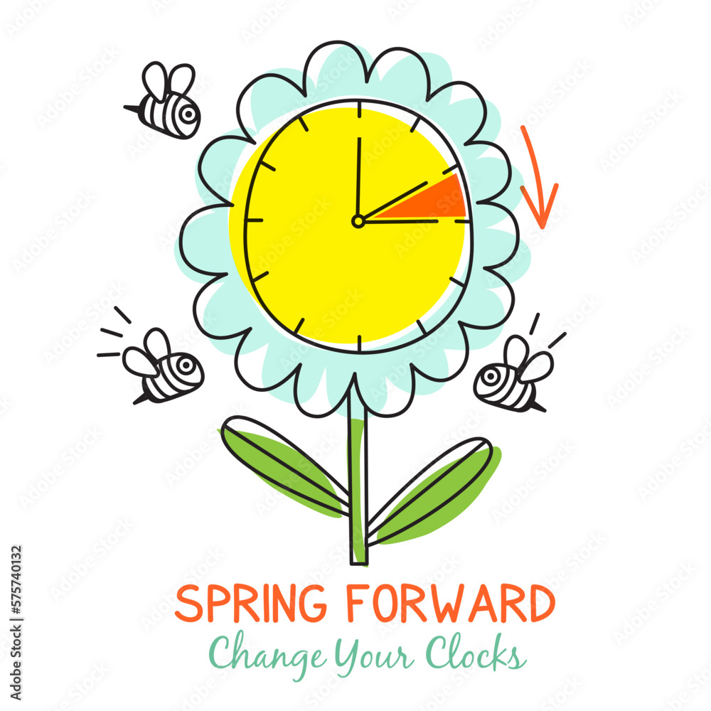 Spring Daylight Saving Time banner in cute doodle cartoon style. Spring ...