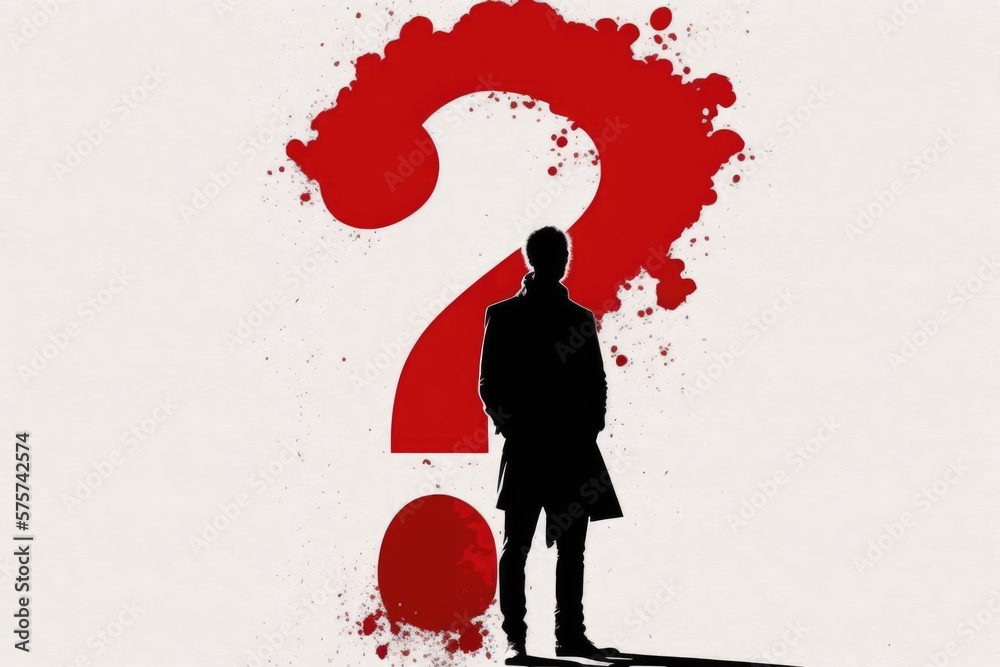 Person silhouette with question mark. Mystery. Crime genre. Bloody red ...