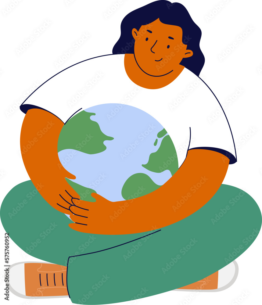 Woman hugs planet with care on white background. Environment protection ...
