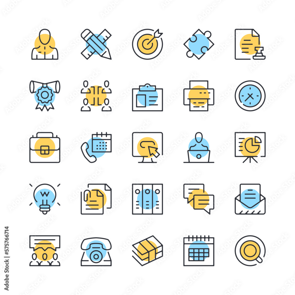Office line icons. Set of office work icons. Black, blue and yellow ...