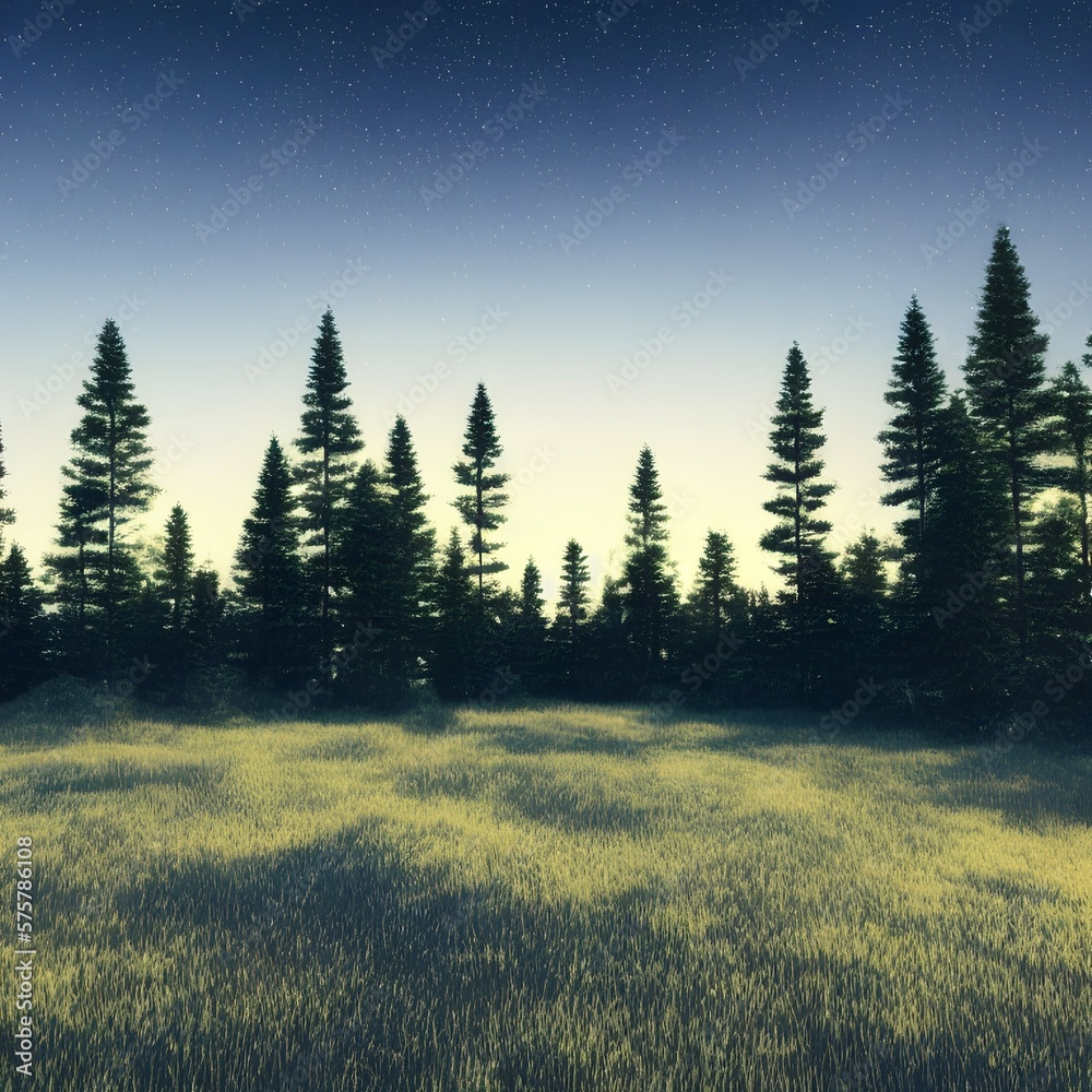 Wide grasslands with pine trees and mountains alternate in background ...