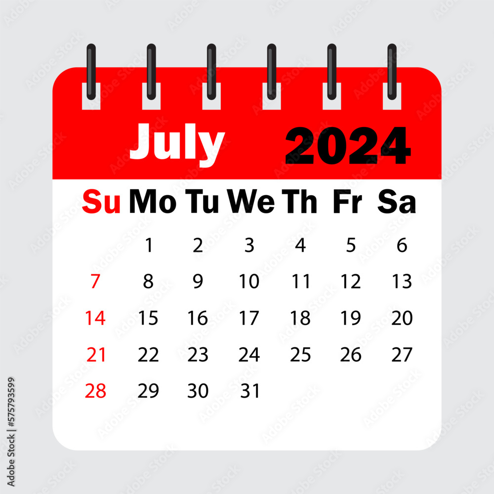 red calendar leaf spring. July 2024 calendar. Calendar sheet with days ...