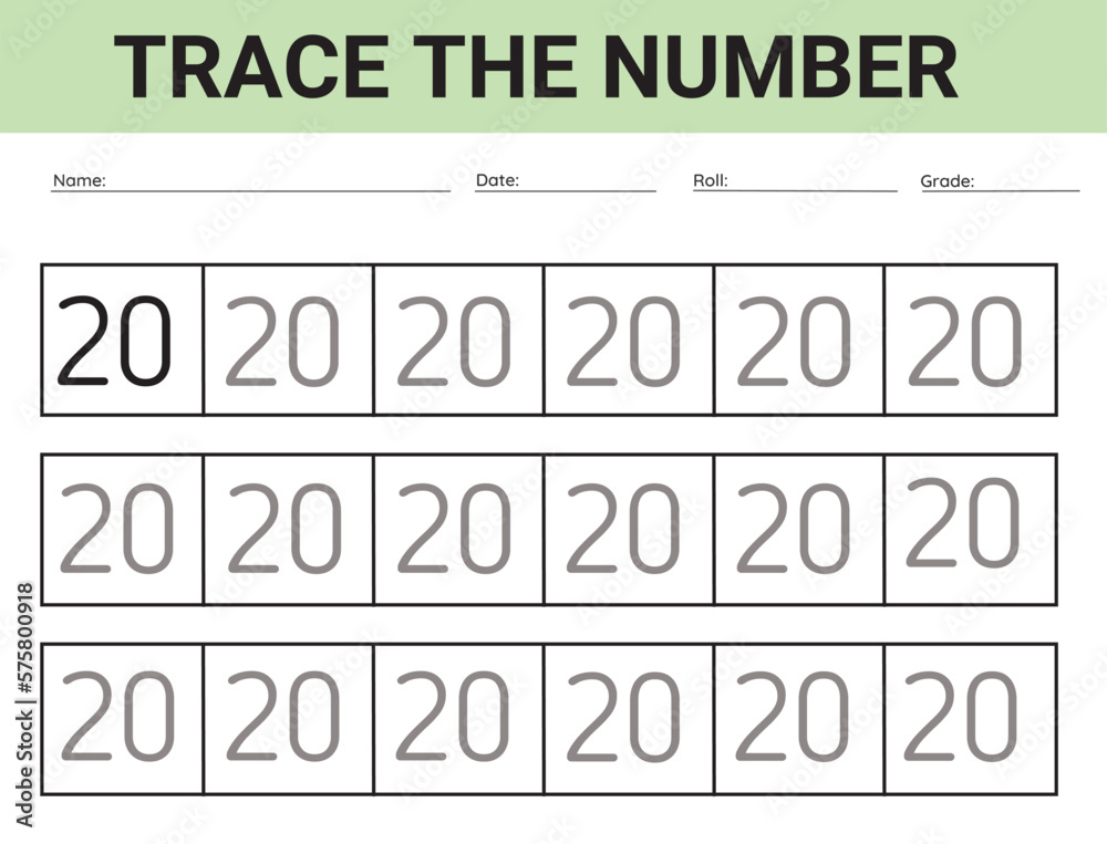 Number 20. card for kids learning to count and to write, worksheet for ...
