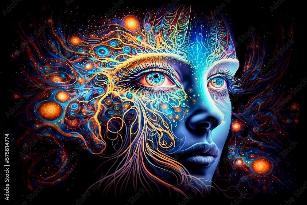 Young woman's face in interstellar light against empty black outer ...