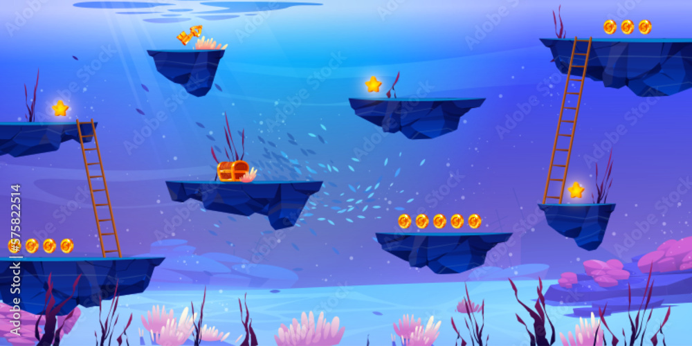 Floating rock islands vector game underwater landscape. Ui level map ...