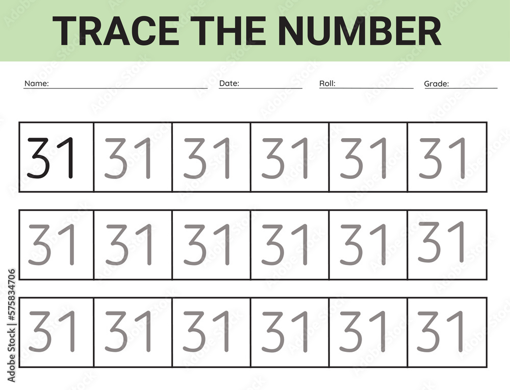 Number 31. card for kids learning to count and to write, worksheet for ...