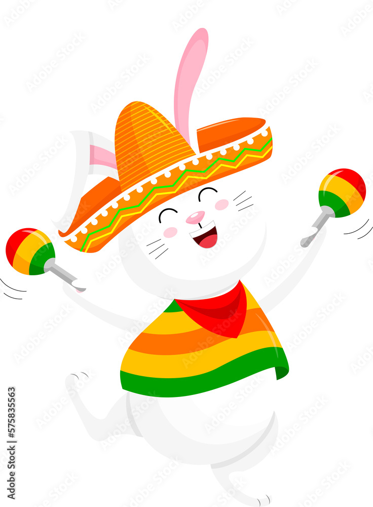 Mexican rabbit character in vivid pocho and sombrero. Cute cartoon ...