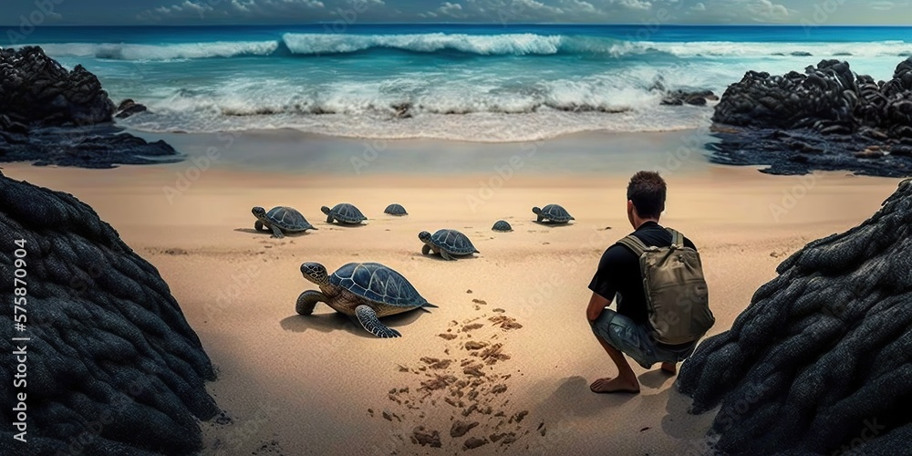Person observing sea turtles hatching on beach, concept of Marine ...