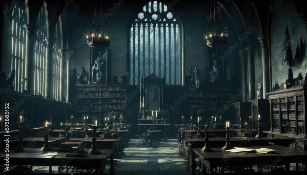 Old castle school witchcraft wizardry dining hall wizard dark interior ...