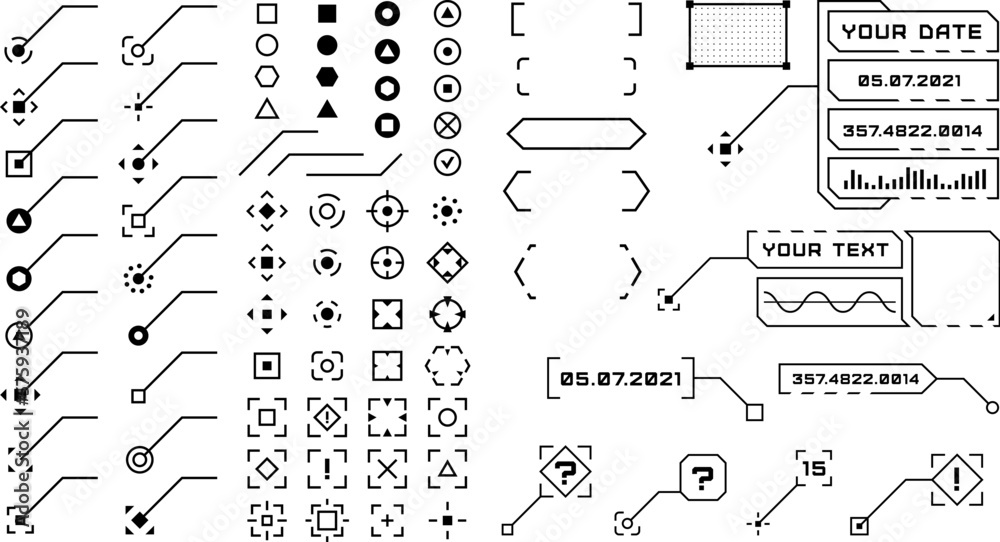 Digital hud elements, technology bars and icons, brackets and targets ...