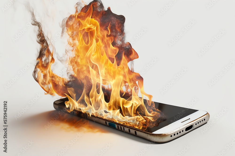 Burning smartphone. Mobile phone in fire. Smartphone explosion, blow up ...
