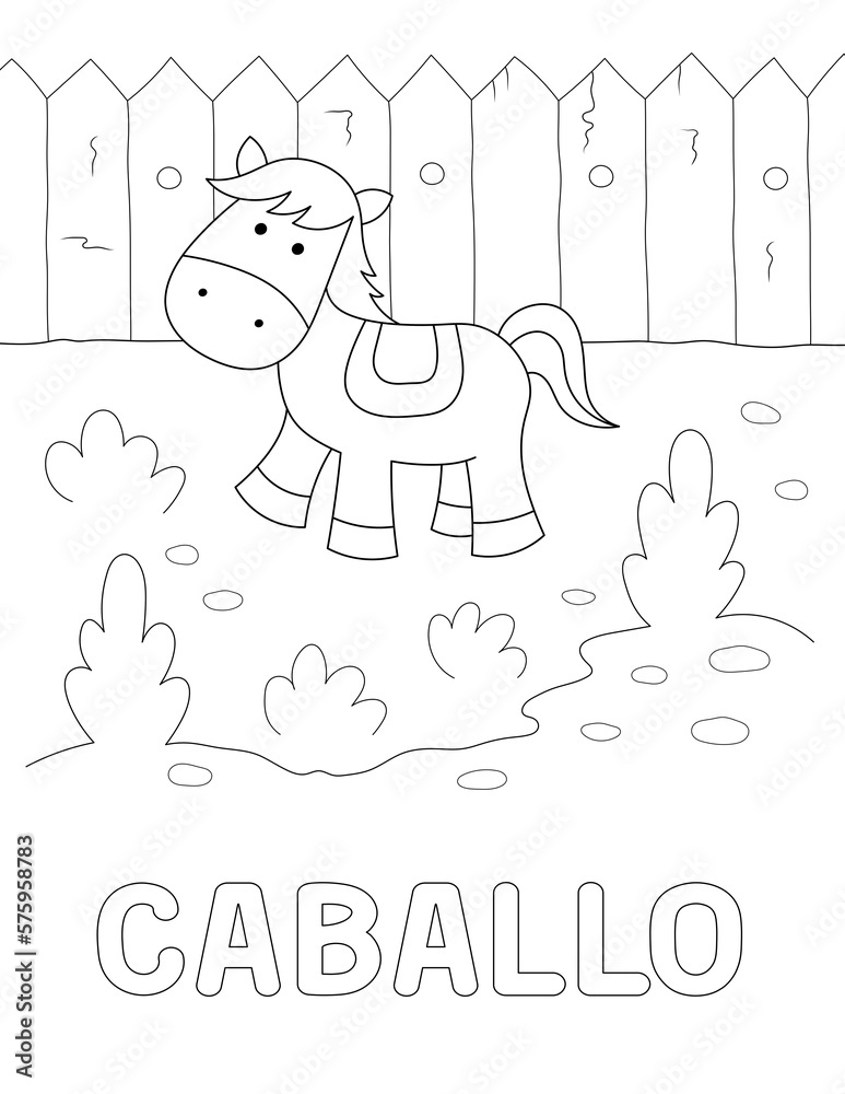 spanish word for horse. educational coloring page for kids. you can ...