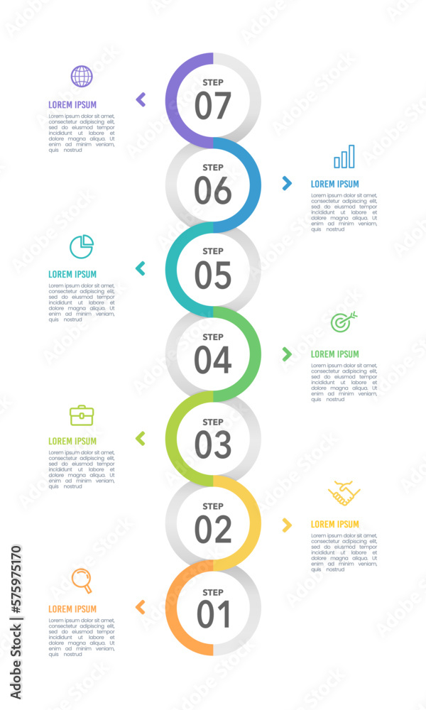Timeline infographic design for business presentation. 7 strategy steps ...